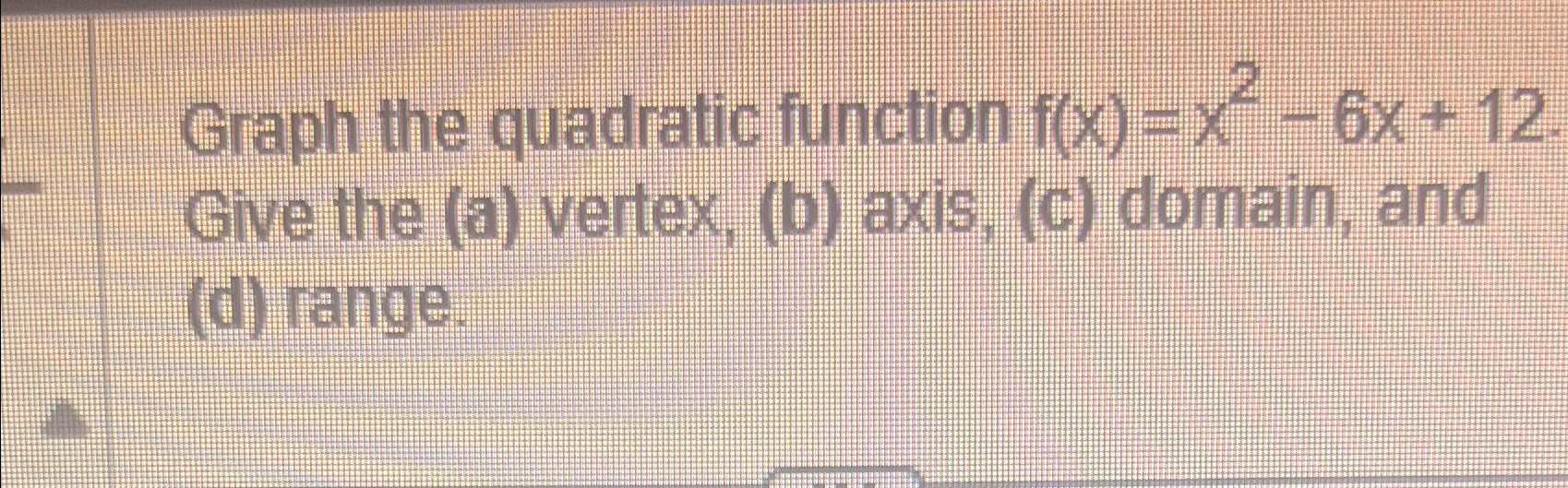 Solved Graph the quadratic function f(x)=x2-6x+12 ﻿Give the | Chegg.com