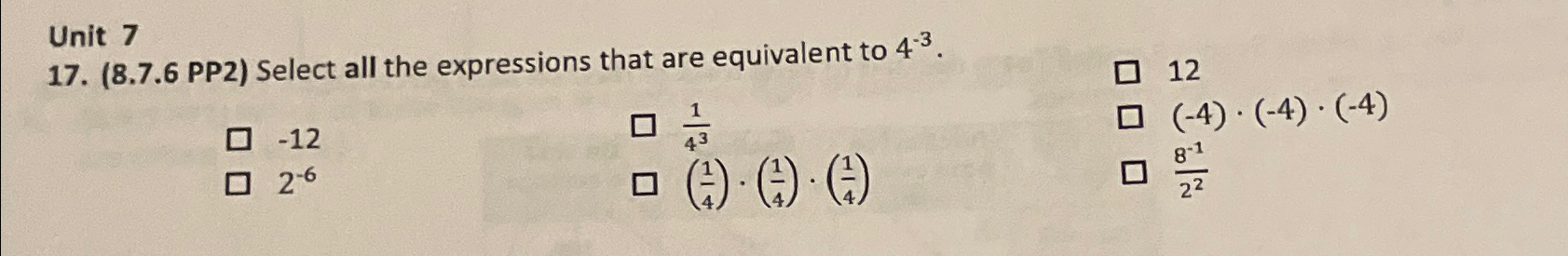 Solved Unit 717. (8.7.6 ﻿PP2) ﻿Select all the expressions | Chegg.com