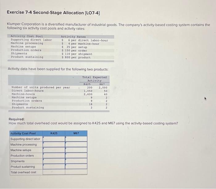 Solved Exercise 7-4 Second-Stage Allocation [LO7-4] Klumper | Chegg.com