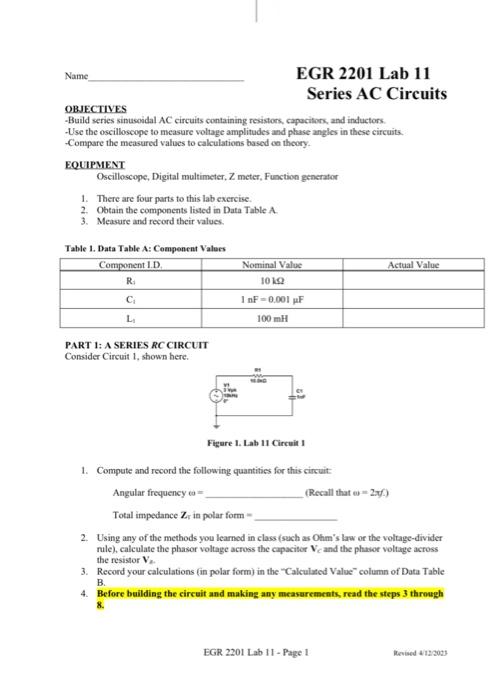 Solved Name EGR 2201 Lab 11 Series AC Circuits OBJECTIVES | Chegg.com