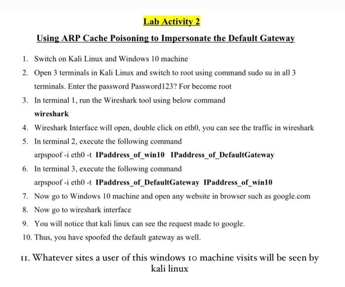 Solved Lab Activity 2 Using ARP Cache Poisoning to | Chegg.com