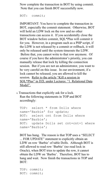 1. Preparation: Open two SQL*Plus windows. You need | Chegg.com