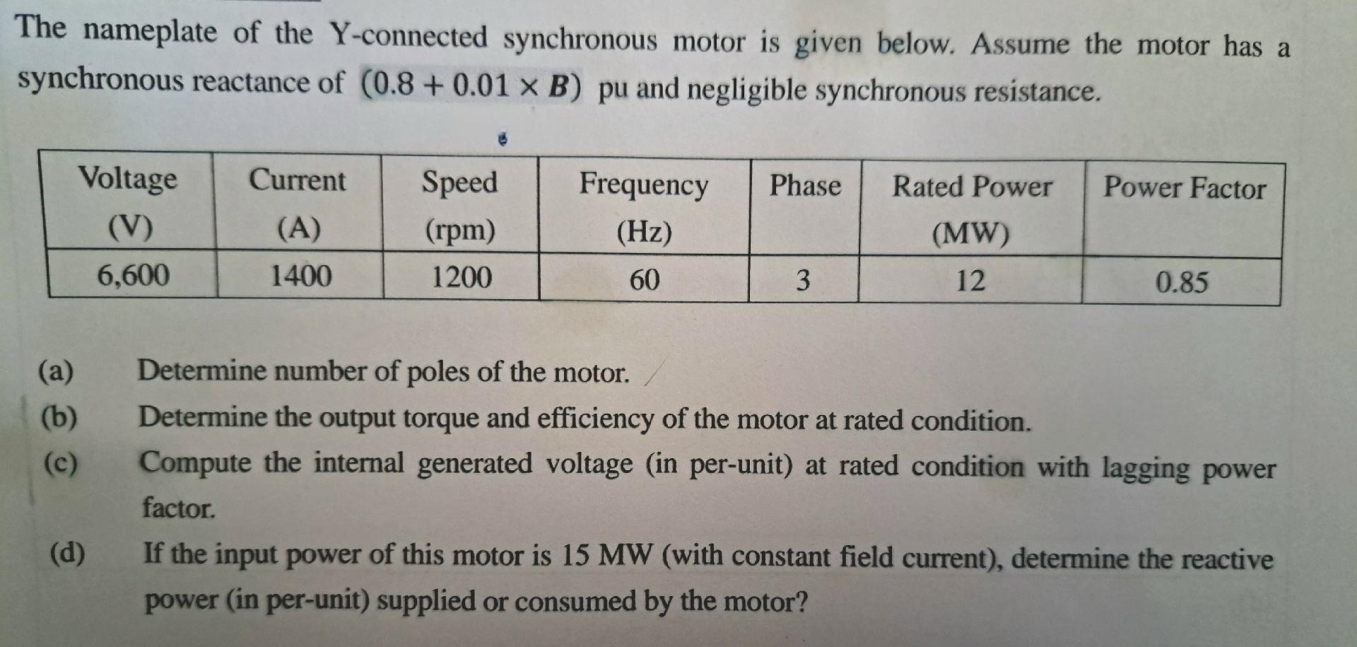 Solved The nameplate of the Y-connected synchronous motor is | Chegg.com