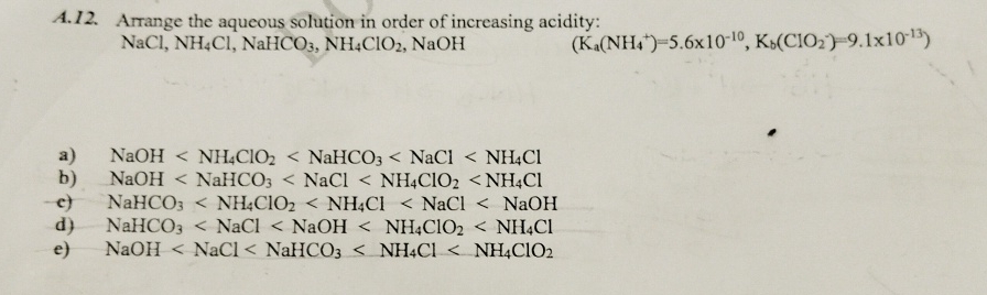 Solved A.12. ﻿Arrange the aqueous solution in order of | Chegg.com