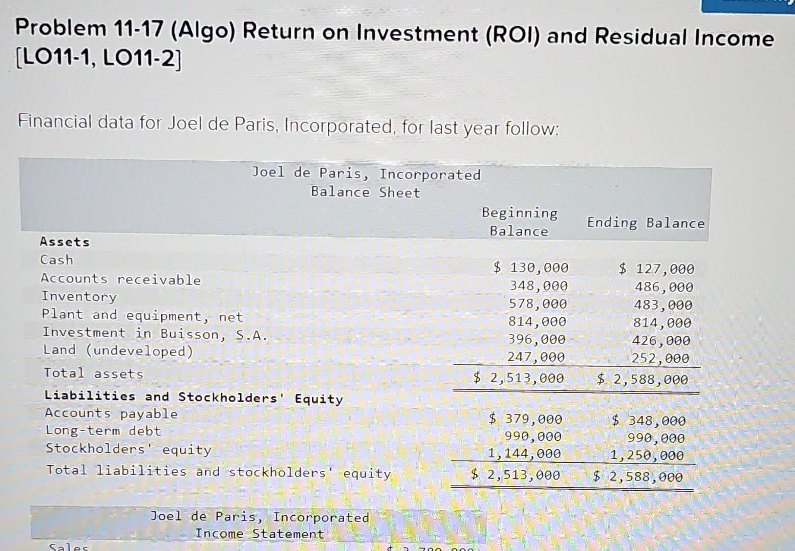Solved Problem 11-17 (Algo) Return on Investment (ROI) and | Chegg.com