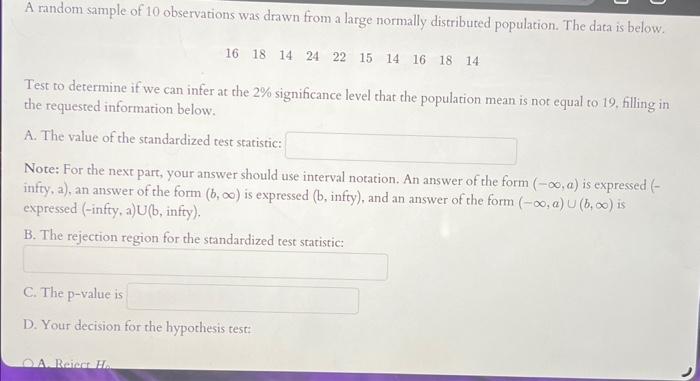Solved A random sample of 10 observations was drawn from a | Chegg.com