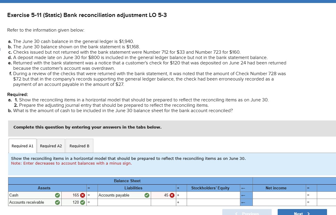Solved Exercise 5-11 (Static) ﻿Bank reconciliation | Chegg.com