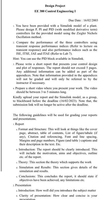 Solved Design Project EE 380 Control Engineering I Due Date | Chegg.com