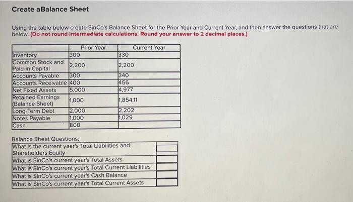 Solved Using the table below create SinCo's Balance Sheet | Chegg.com