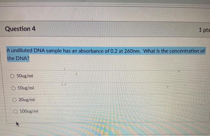 Solved Question 4 1 pts A undiluted DNA sample has an | Chegg.com