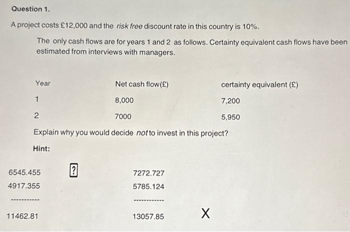 Question 1. A project costs £12,000 and the risk free | Chegg.com