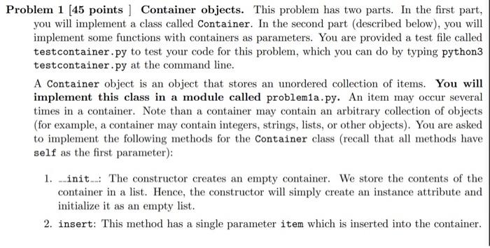 Solved Problem 1 (45 points ] Container objects. This | Chegg.com