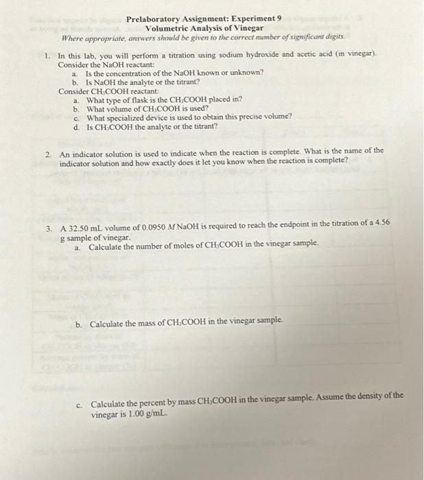 Solved Prelaboratory Assignment Experiment 9 Volumetric