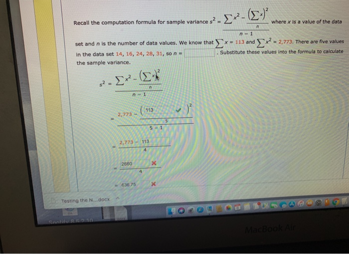 Solved Recall the computation formula for sample variance | Chegg.com