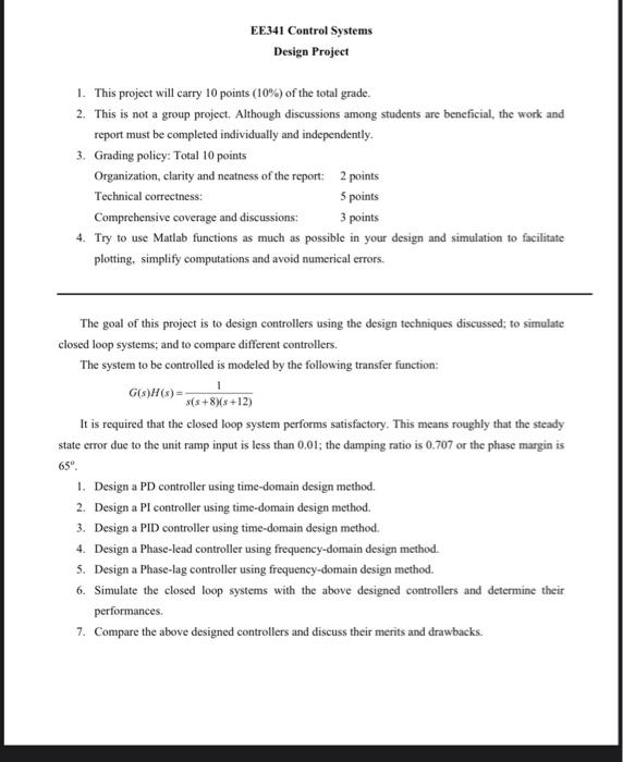 EE341 Control Systems Design Project 1. This project | Chegg.com