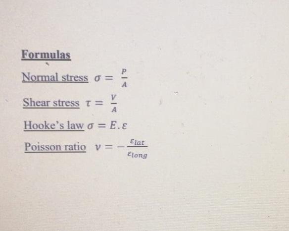 Solved Formulas Normal stress o = Р V Shear stress t= А | Chegg.com