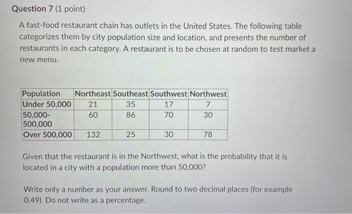 Solved Question 7 (1 point) A fast-food restaurant chain has | Chegg.com