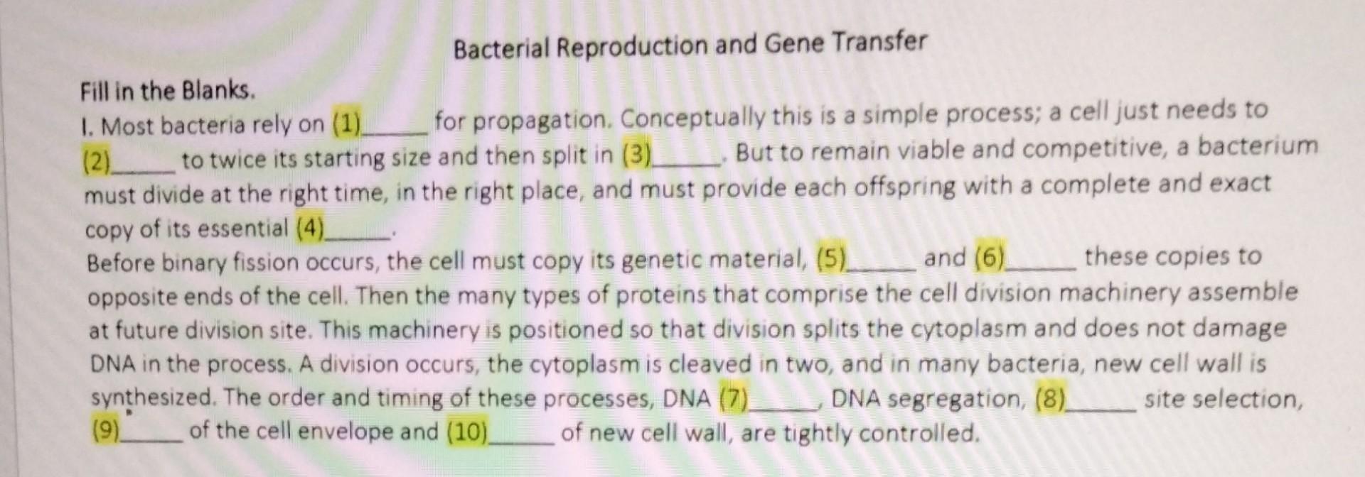 Solved Bacterial Reproduction and Gene Transfer Fill in the | Chegg.com
