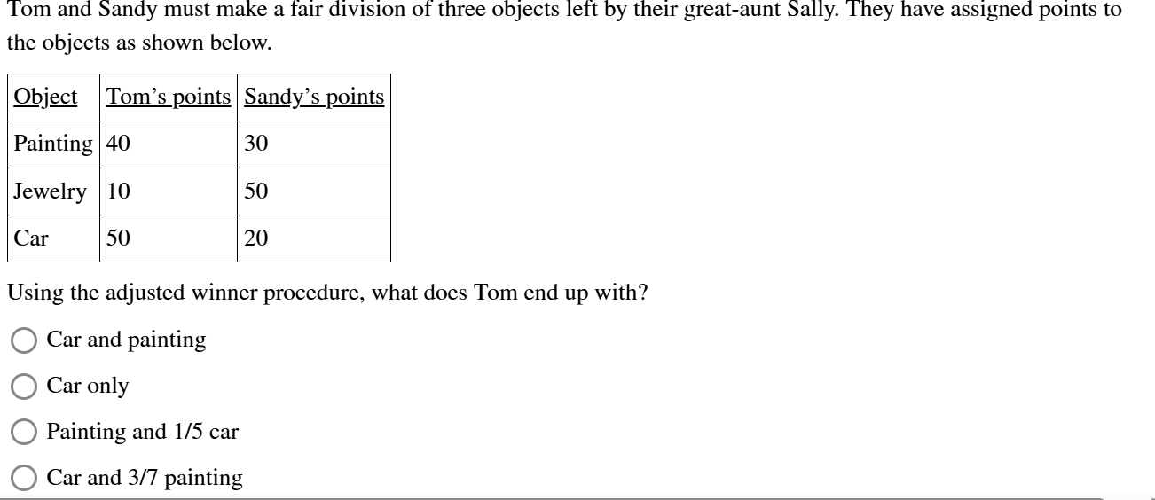Solved Tom and Sandy must make a fair division of ﻿three | Chegg.com