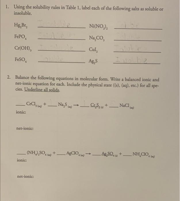 Solved 1. Using the solubility rules in Table 1, label each | Chegg.com