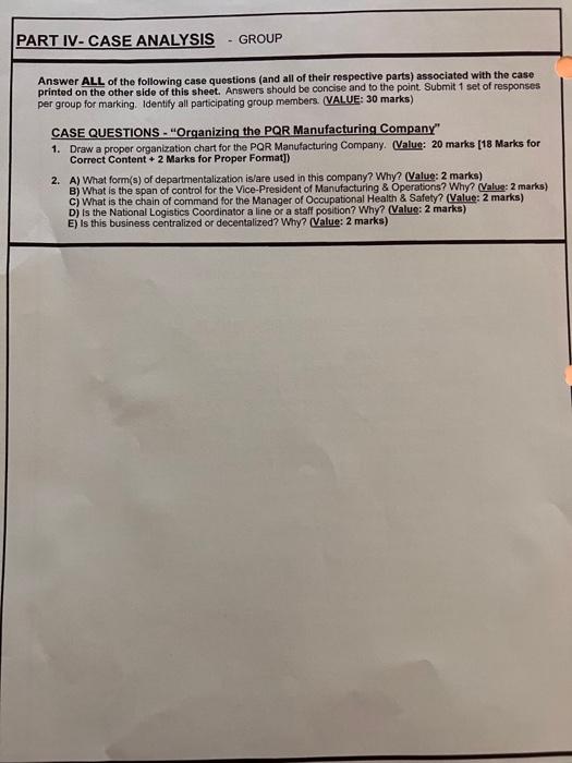 Solved CASE ANALYSIS: "Organizing the "PQR' Manufacturing | Chegg.com