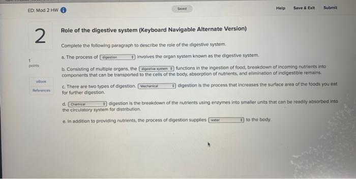 Solved Seved Help Save & Exit Submit Role of the digestive | Chegg.com