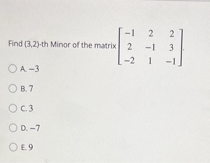 Solved Find (3,2)-th Minor of the matrix ⎣⎡−12−22−1123−1⎦⎤. | Chegg.com