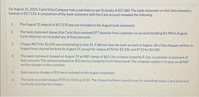 Solved On August 31, 2024, Carla Vista Company had a cash | Chegg.com