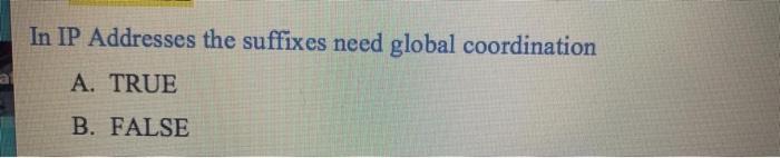 Solved In IP Addresses the suffixes need global coordination | Chegg.com