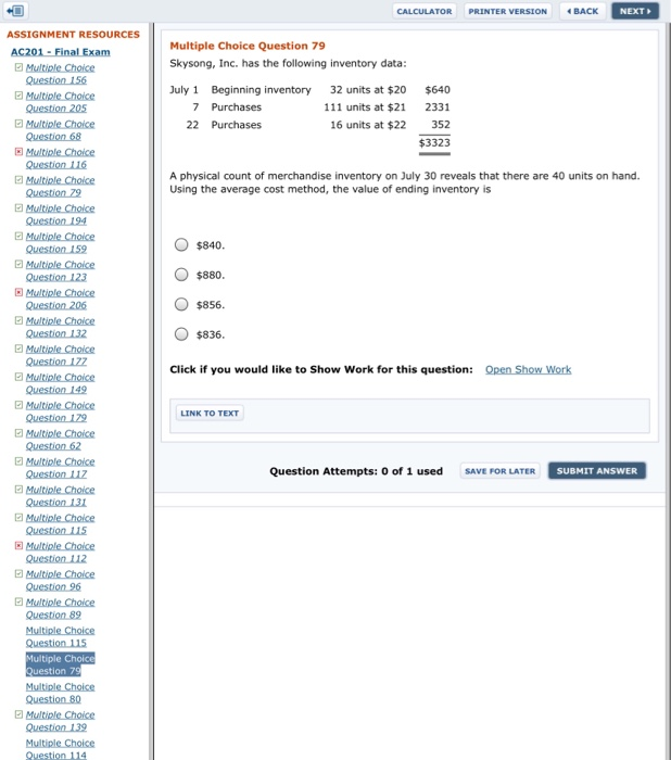 Solved HO CALCULATOR PRINTER VERSION « BACK NEXT Multiple | Chegg.com