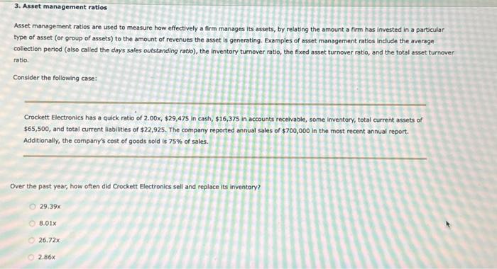 Solved 3. Asset management ratios Asset management ratios | Chegg.com