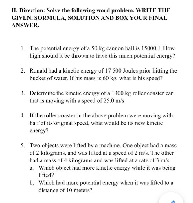 Solved II. Direction: Solve the following word problem. | Chegg.com