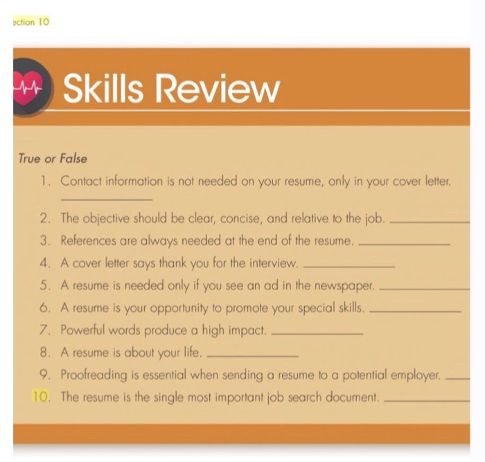 Solved action 10 Skills Review True or False 1. Contact | Chegg.com