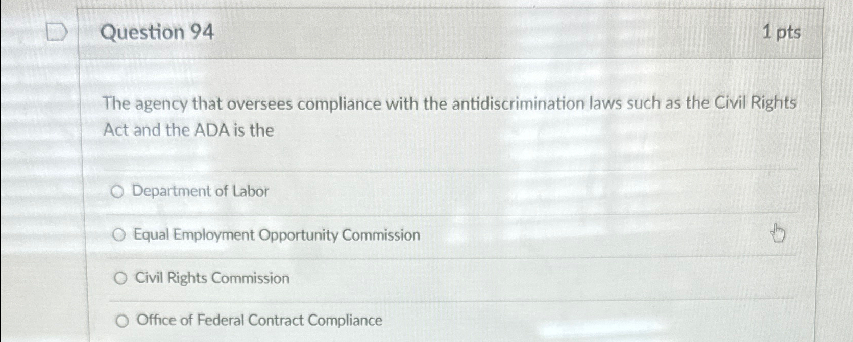 Solved Question 941ptsThe agency that oversees compliance | Chegg.com Solved Question 941ptsThe agency that oversees compliance | Chegg.com