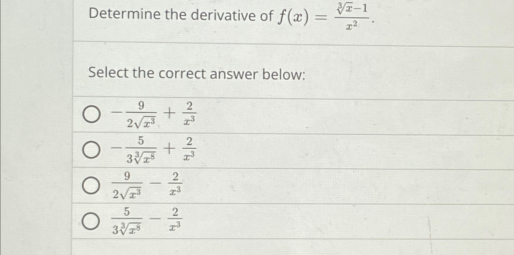 Solved Determine the derivative of f(x)=x3-1x2.Select the | Chegg.com