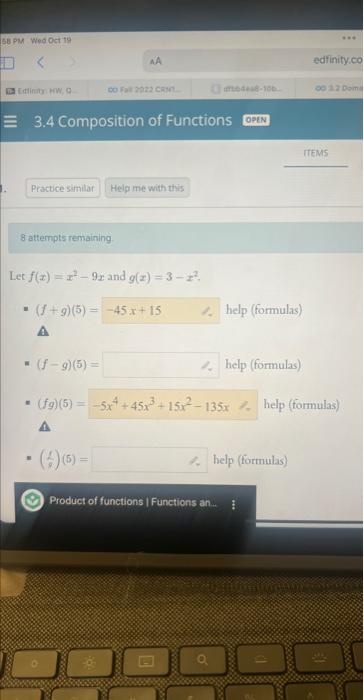Solved Let f(x)=x2−9x and g(x)=3−x2, - (f+g)(5)= help | Chegg.com
