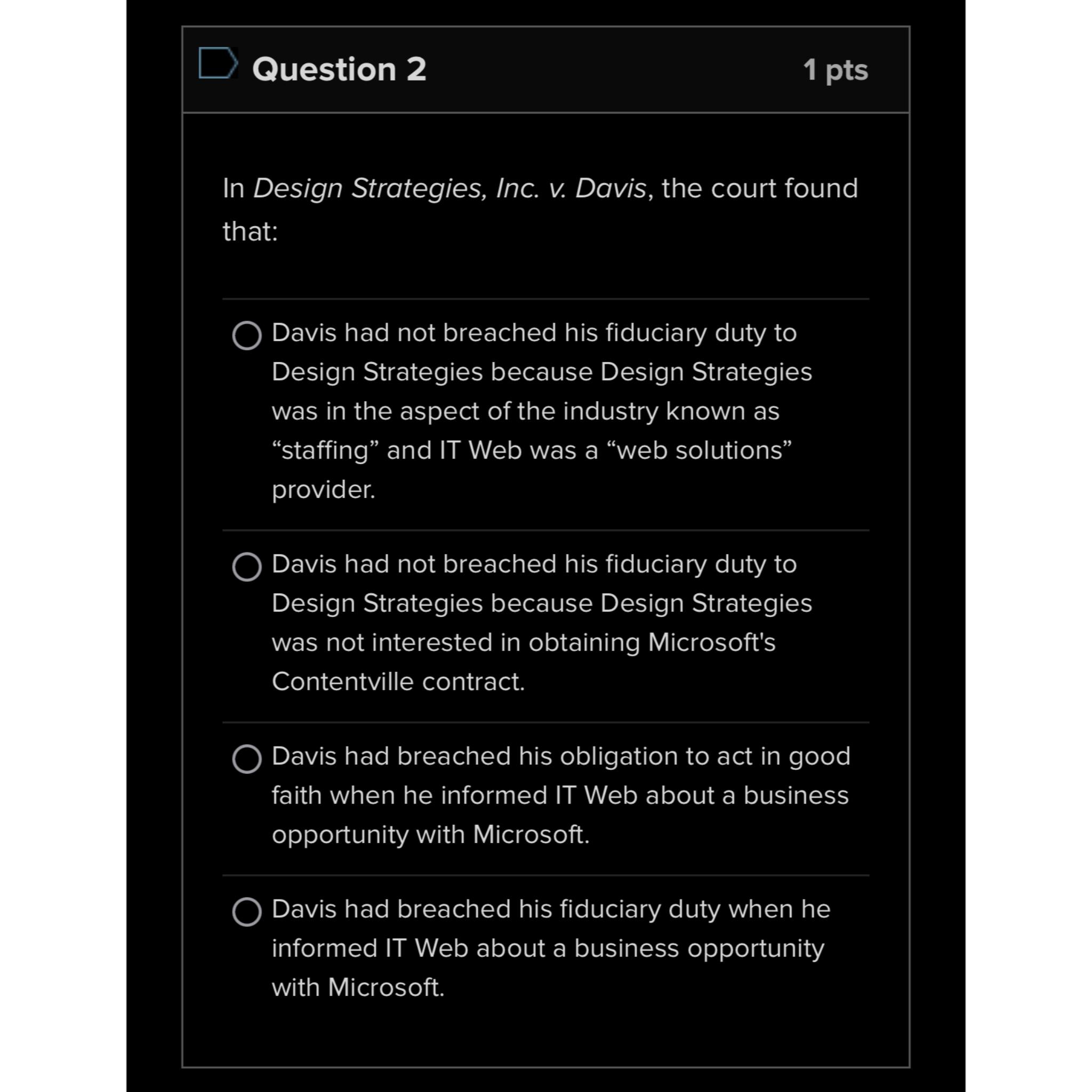 Solved Question 21 ﻿ptsIn Design Strategies, Inc. v. ﻿Davis, | Chegg.com