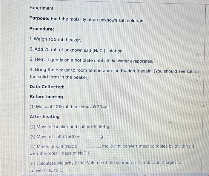 Solved Purpose: Find the molarity of an unknown salt | Chegg.com