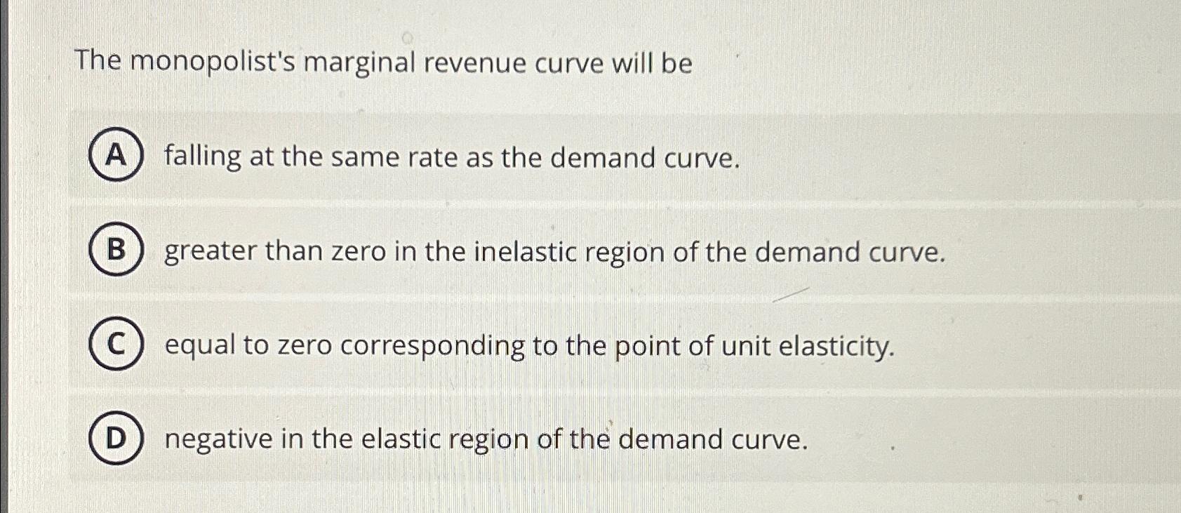 Solved The monopolist's marginal revenue curve will be | Chegg.com