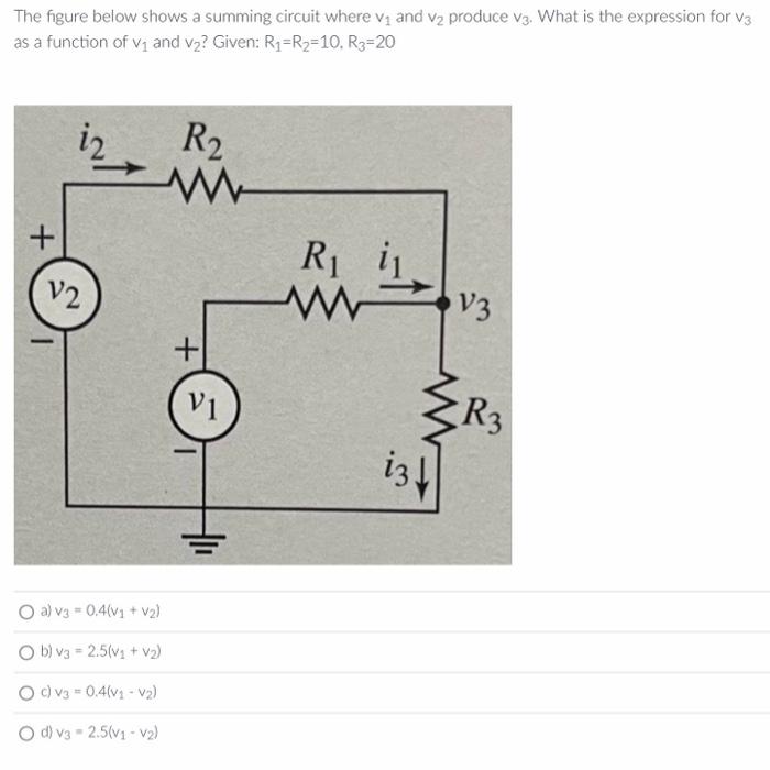 Solved The figure below shows a summing circuit where v1 and | Chegg.com