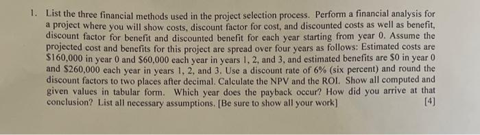 Solved 1. List the three financial methods used in the | Chegg.com