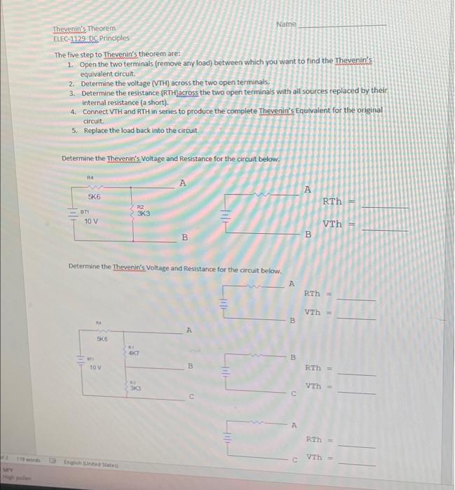 Solved Thevenin's Theorem wwwn ELEC-1129 DC Principles www | Chegg.com