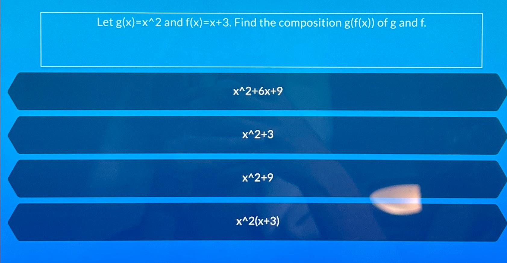 Solved Let g(x)=x???2 ﻿and f(x)=x+3. ﻿Find the composition | Chegg.com