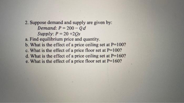 Solved 2. Suppose demand and supply are given by: Demand: | Chegg.com