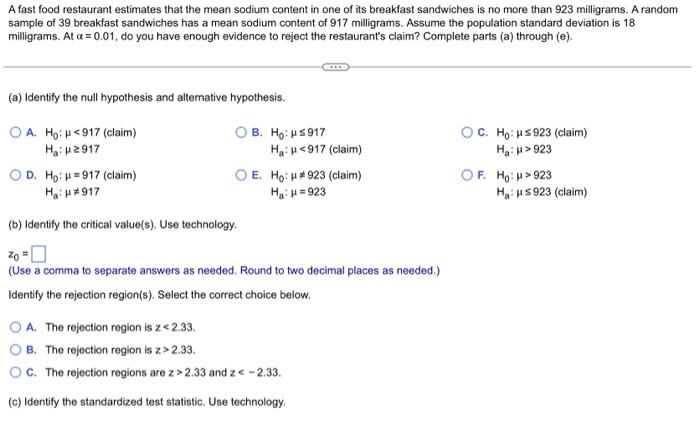 Solved A fast food restaurant estimates that the mean sodium | Chegg.com