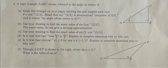 Solved 4. A right triangle ABC shown, where θ is the angle | Chegg.com