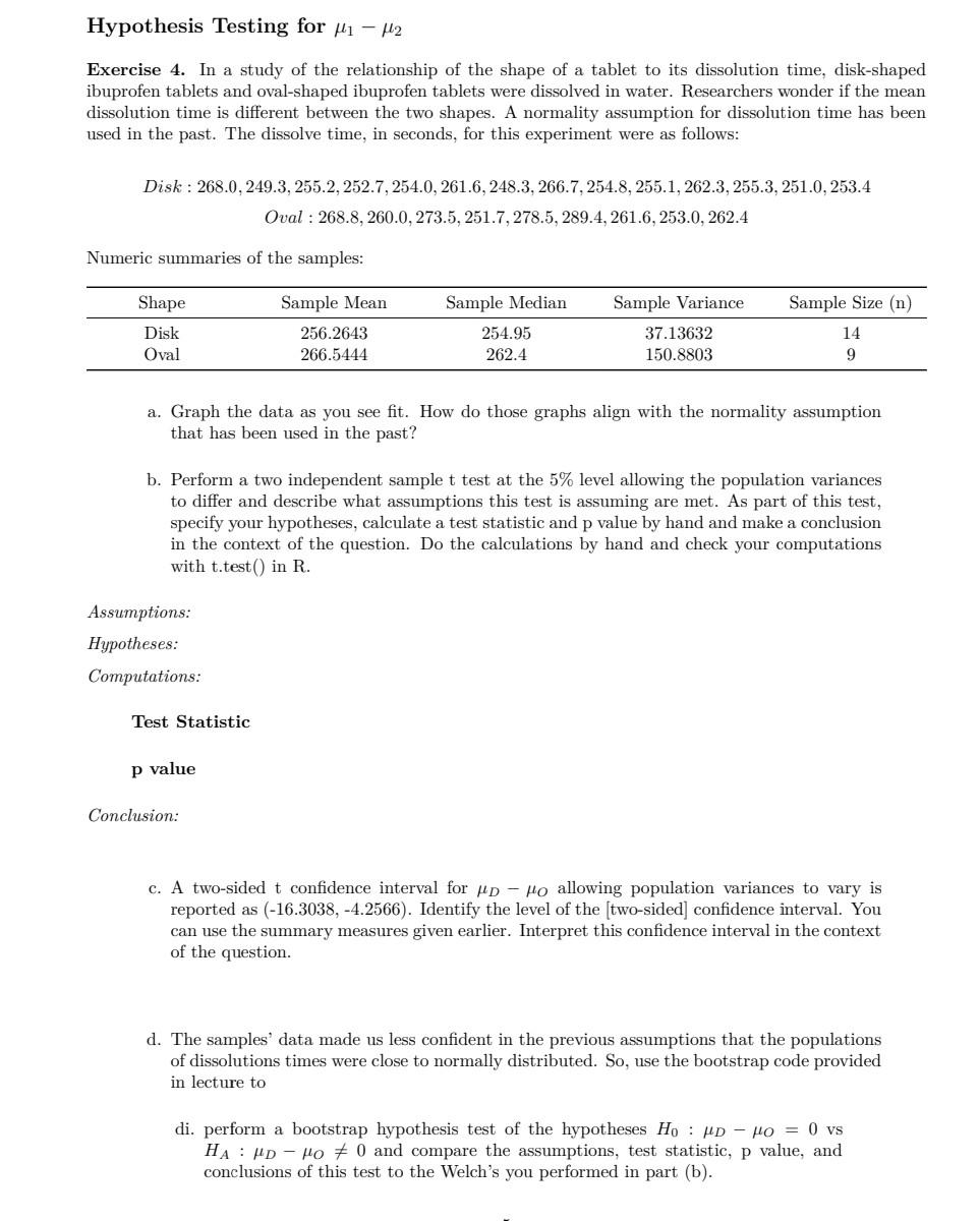 Solved Hypothesis Testing for μ1−μ2 Exercise 4. In a study | Chegg.com