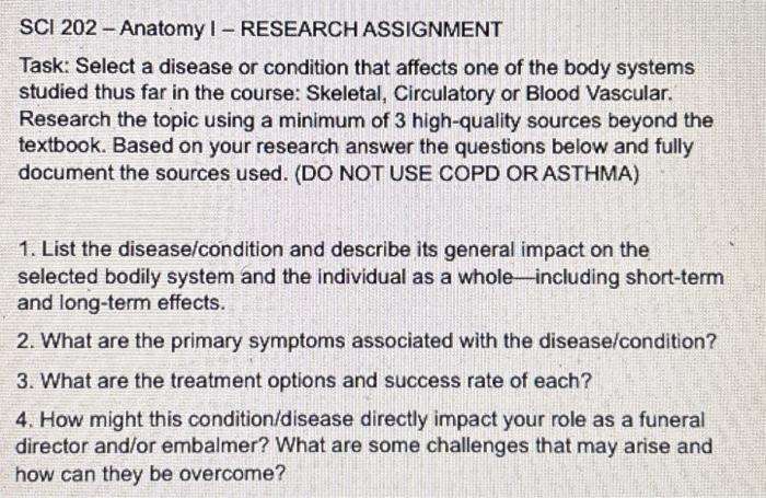 Solved SCl 202 - Anatomy I - RESEARCH ASSIGNMENT Task: | Chegg.com