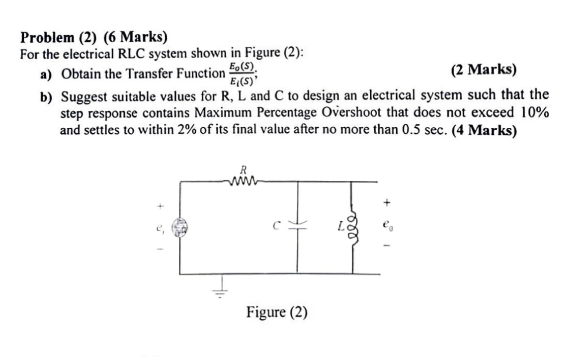 Solved Problem (2) (6 Marks)For the electrical RLC system | Chegg.com Solved Problem (2) (6 Marks)For the electrical RLC system | Chegg.com
