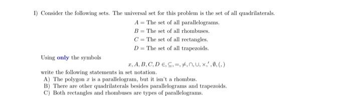 Solved 1 Consider The Following Sets The Universal Set For